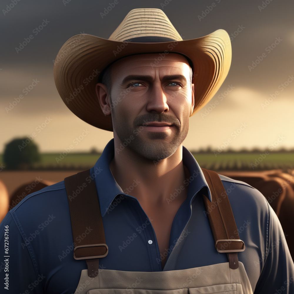 3D render of an animated male farmer working on a farm, agronomy ...