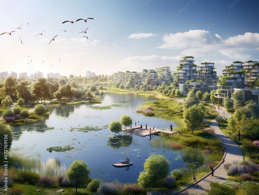 City suburbs with lake ecosystem, VÄƒcÄƒreÈ™ti Nature Park buildings ...