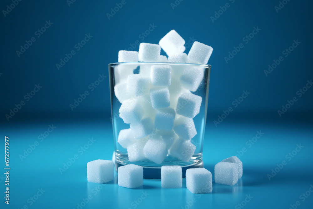 Sugar cubes in a transparent glass, motif of a large amount of sugars ...