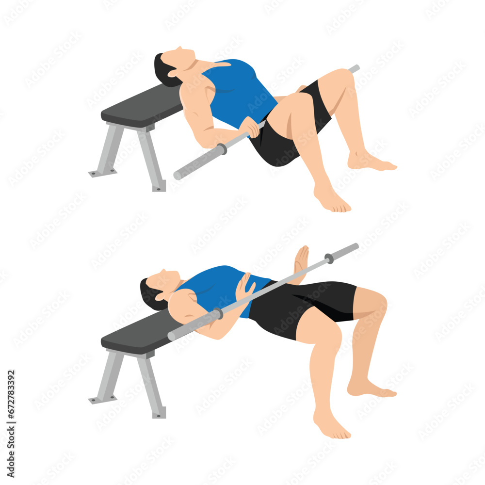 Man doing bench glute bridge with bar exercise. Flat vector ...