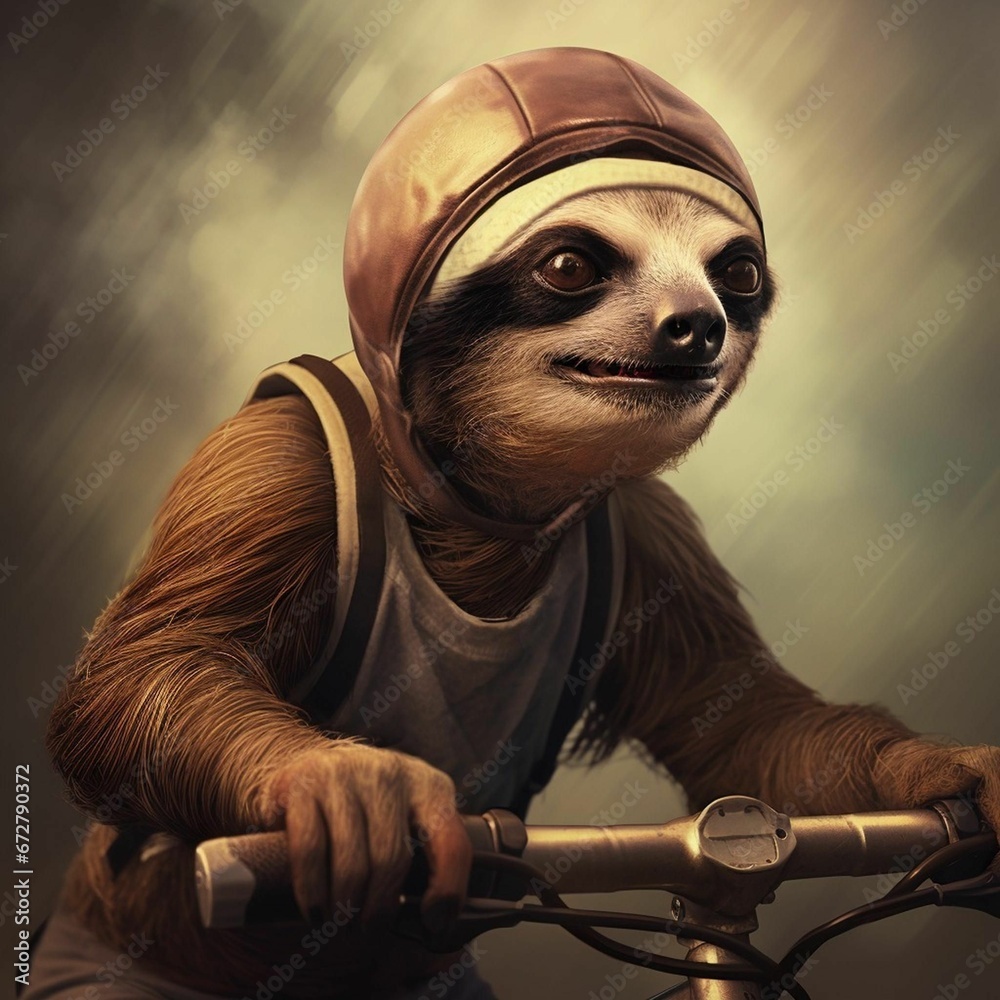 AI generated illustration of a sloth bear riding a bicycle and wearing ...