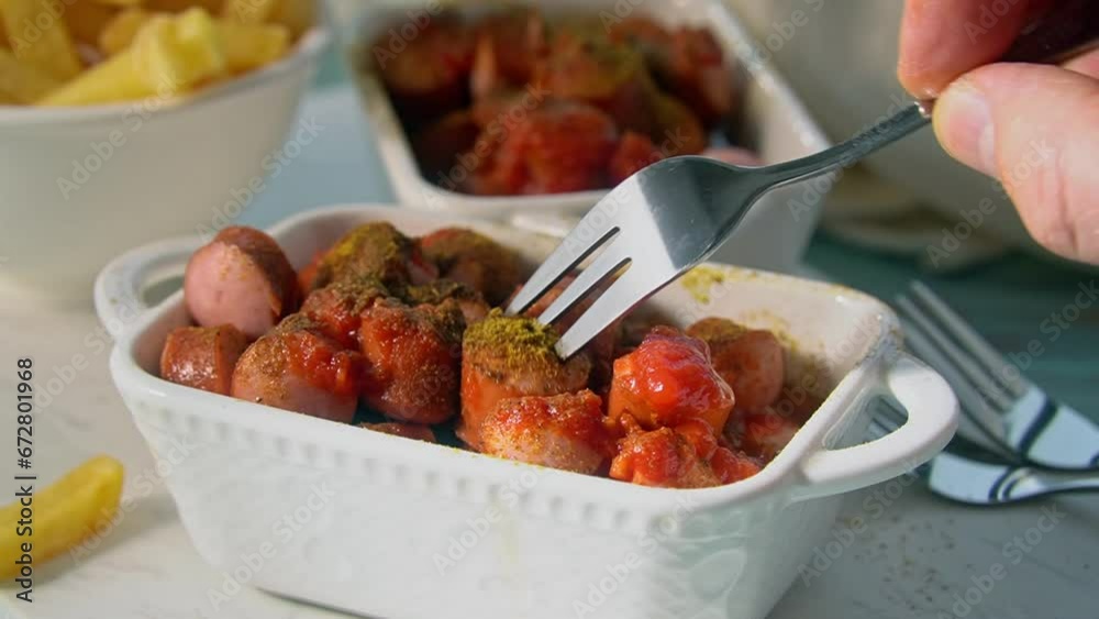 Homemade currywurst. German fast food dish with fried pork sausage ...