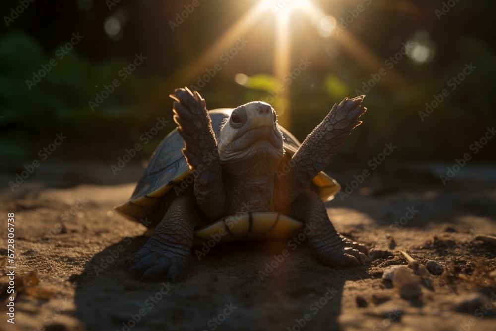 Curious hybrid animal - turtle with bunny ears, sniffing on the ground ...
