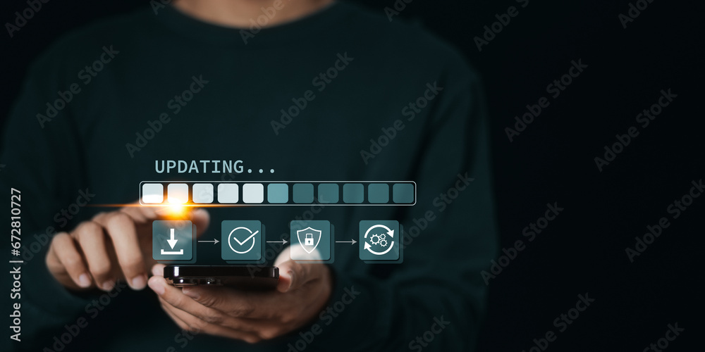 User use smartphone with updating progress bar on virtual screen for ...