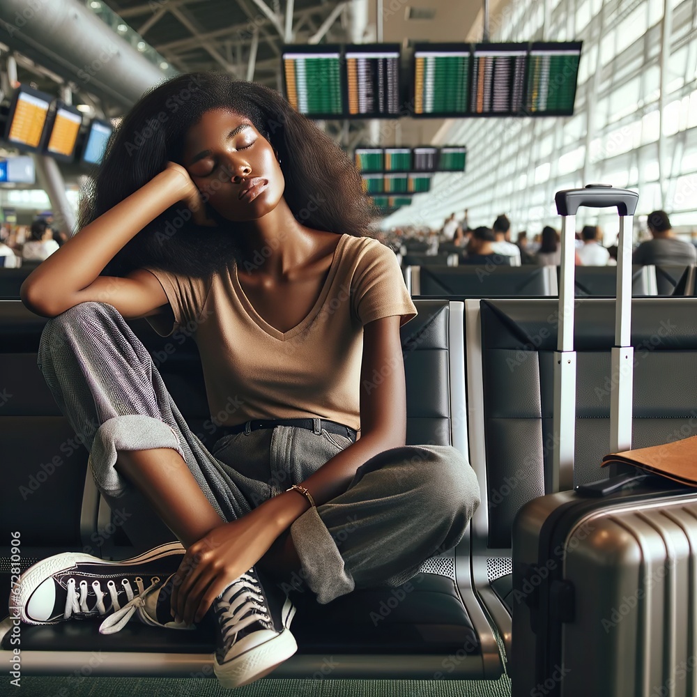 Photo of a tired traveler, a young African woman at an airport, seated with her eyes shut ...