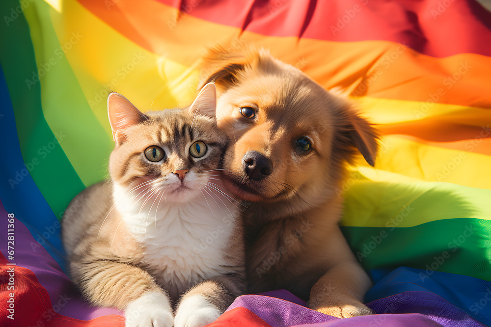 Cute cat and dog are sitting under the LGBT flag. Pride month celebrate ...