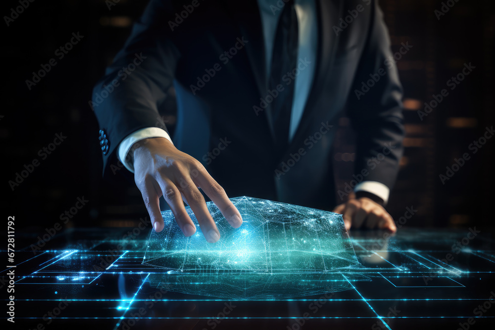 Science and technology as a businessman interacts with a digital ...