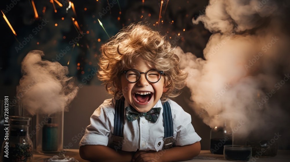 Funny children at laboratory for science test, Laughing for blast and ...