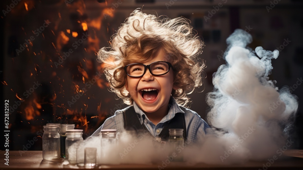 Funny children at laboratory for science test, Laughing for blast and ...
