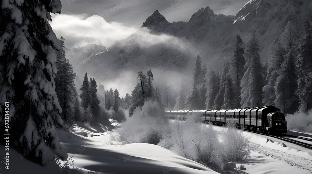 a snowy landscape through the lens with a train chugging along. The ...