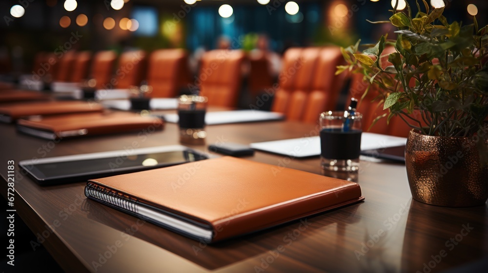 notepad for agenda on empty corporate conference room table Stock ...