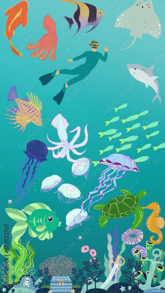 A vertical social media animation short video reel of deep-sea diving ...