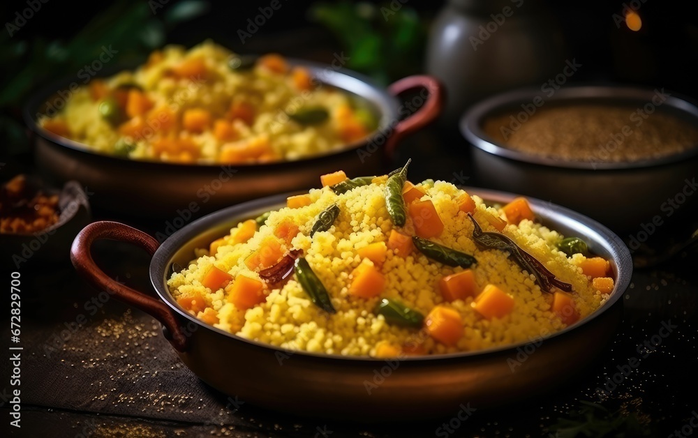 AI generated illustration of a delicious bowl of yellow rice with herbs ...