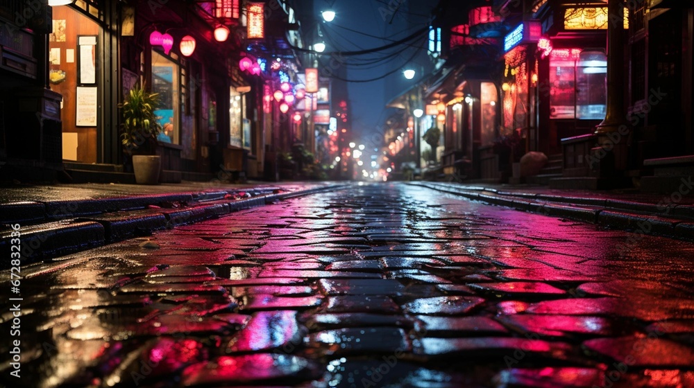 Urban street scene illuminated by streetlights on a rainy night, AI ...
