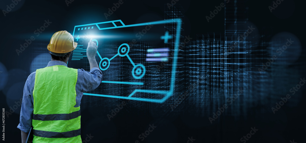 Engineer using computer laptop planning analyzing strategy using ...