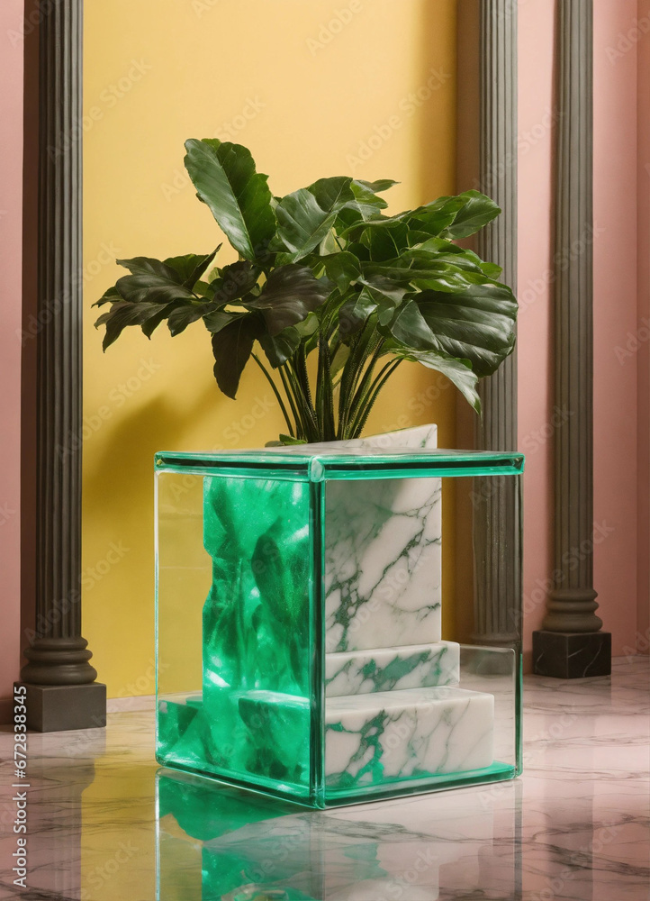 Clear plastic floating cube full of one object such as a purse, plant ...