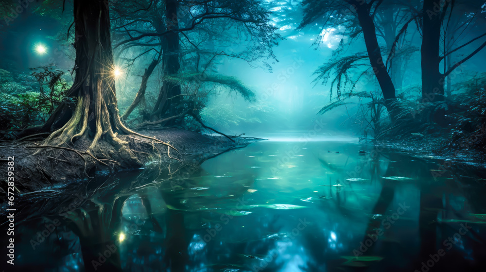 Night mystical scenery. Magic forest landscape of Full moon over the ...