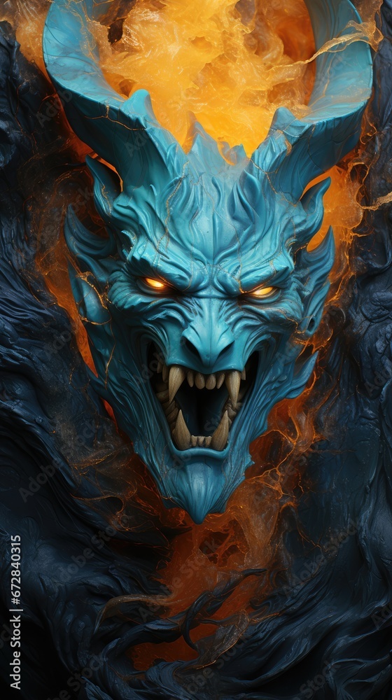 a painting of a blue demon with yellow eyes and a demon's head in the ...