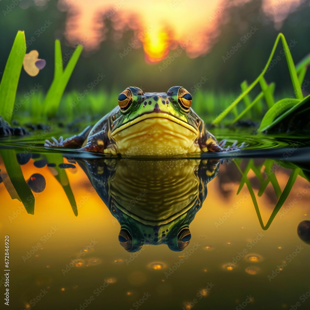 AI generated illustration of a green amphibian amphibian resting in a ...