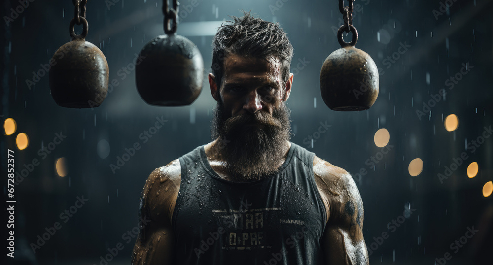 A rugged man with a full beard and mustache stands confidently in a ...