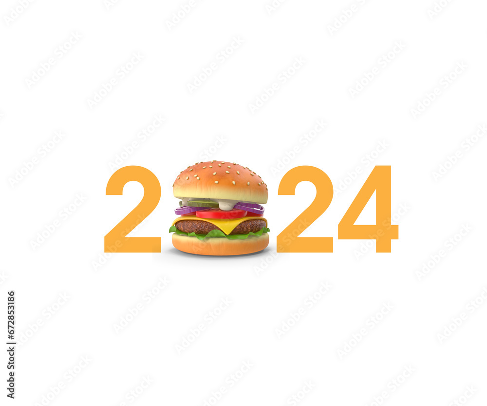 The new year 2024, Eve number 2024 with a Burger logo, Concept for Food chart, Restaurant, Shop ...