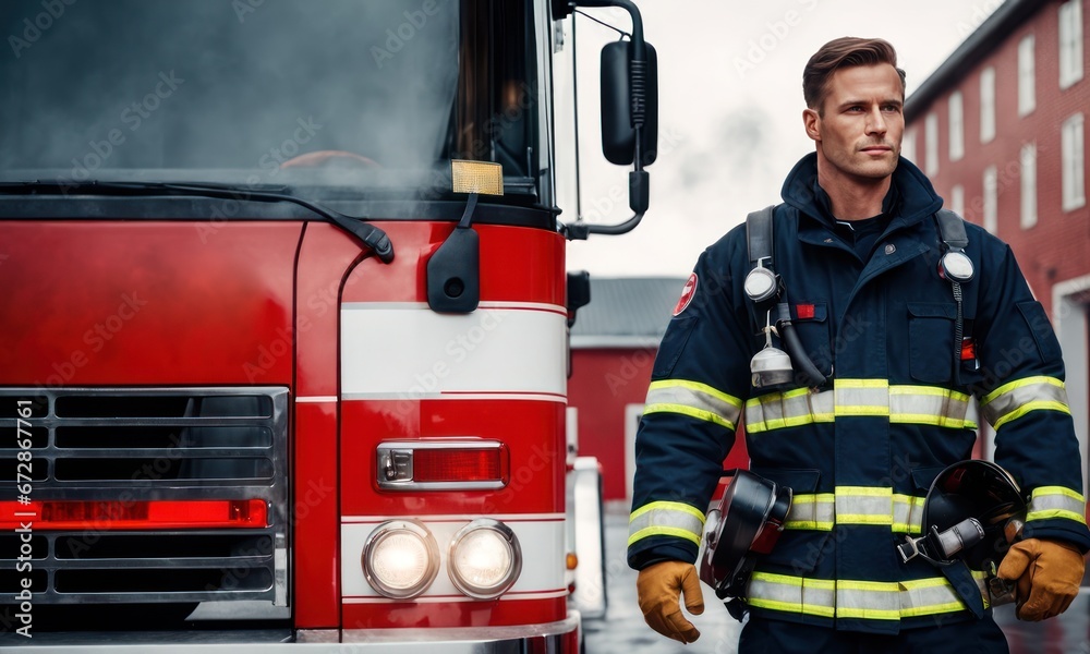 Male firefighter in uniform stands in front of fire truck in fire ...