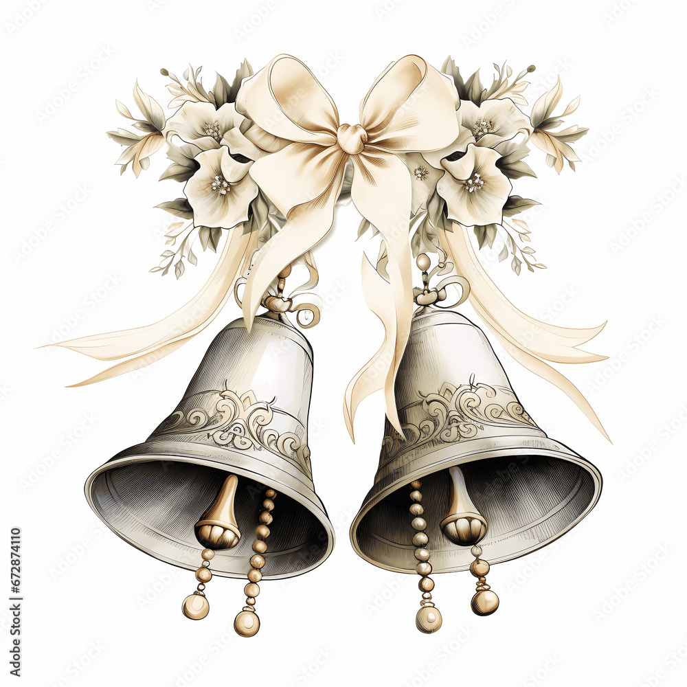 Hand-drawn wedding bells with cascading ribbon isolated on white ...