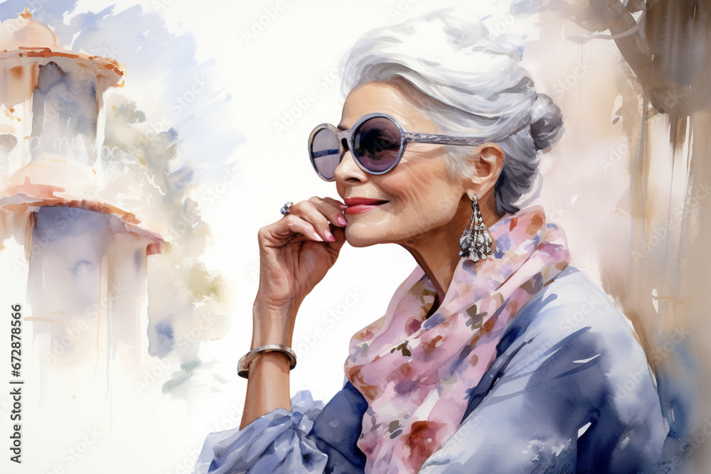 watercolor portrait in soft pastel colors of a modern elegant elderly ...