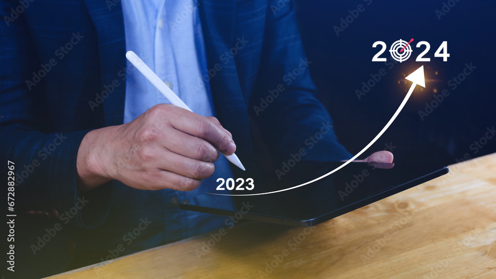 2024 Business Planning, Strategy, creative, Idea concept, Businessman pointing chart graph with ...