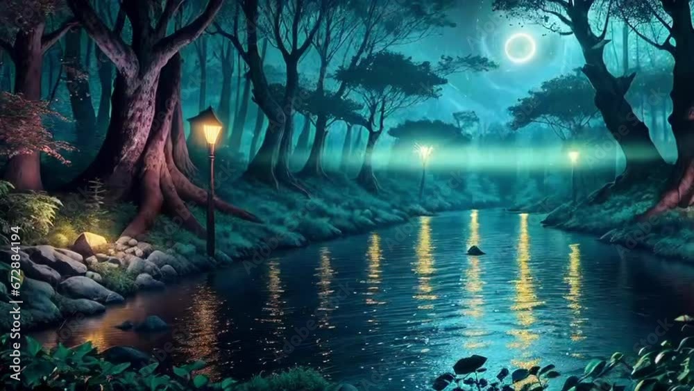 Night mystical scenery. Magic forest landscape of Full moon over the ...