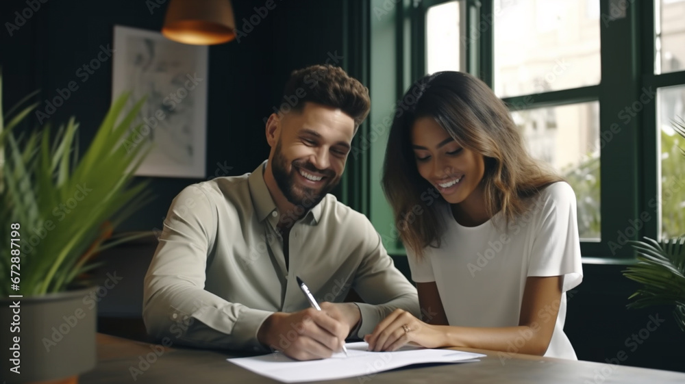 Happy attractive couple signing prenup or home purchase agreement Stock ...