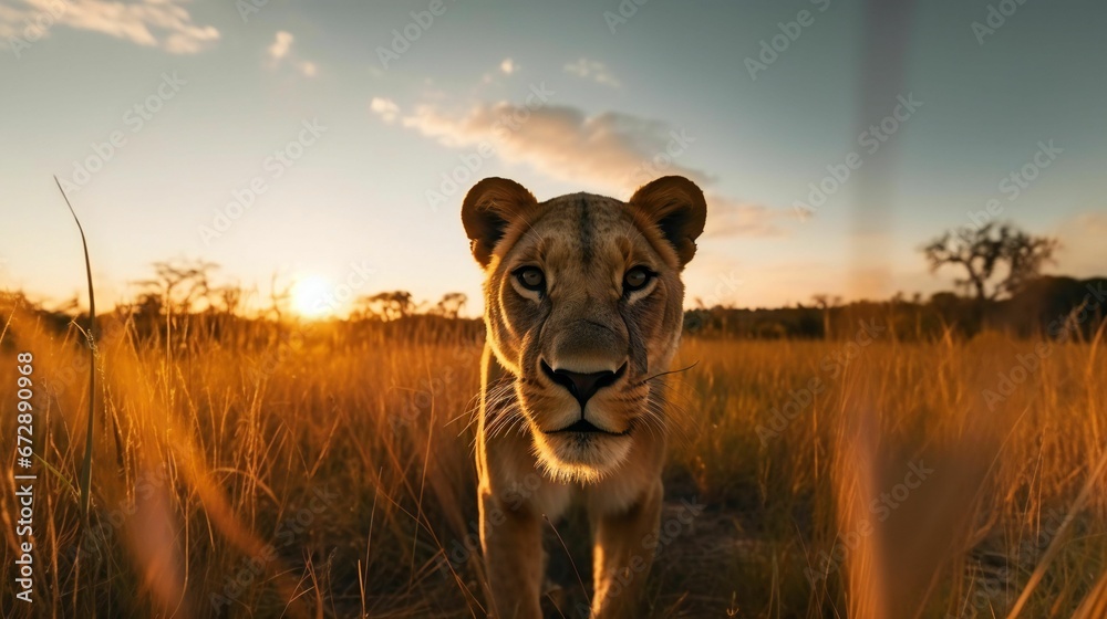 AI generated illustration of A majestic lion treads through a vast ...