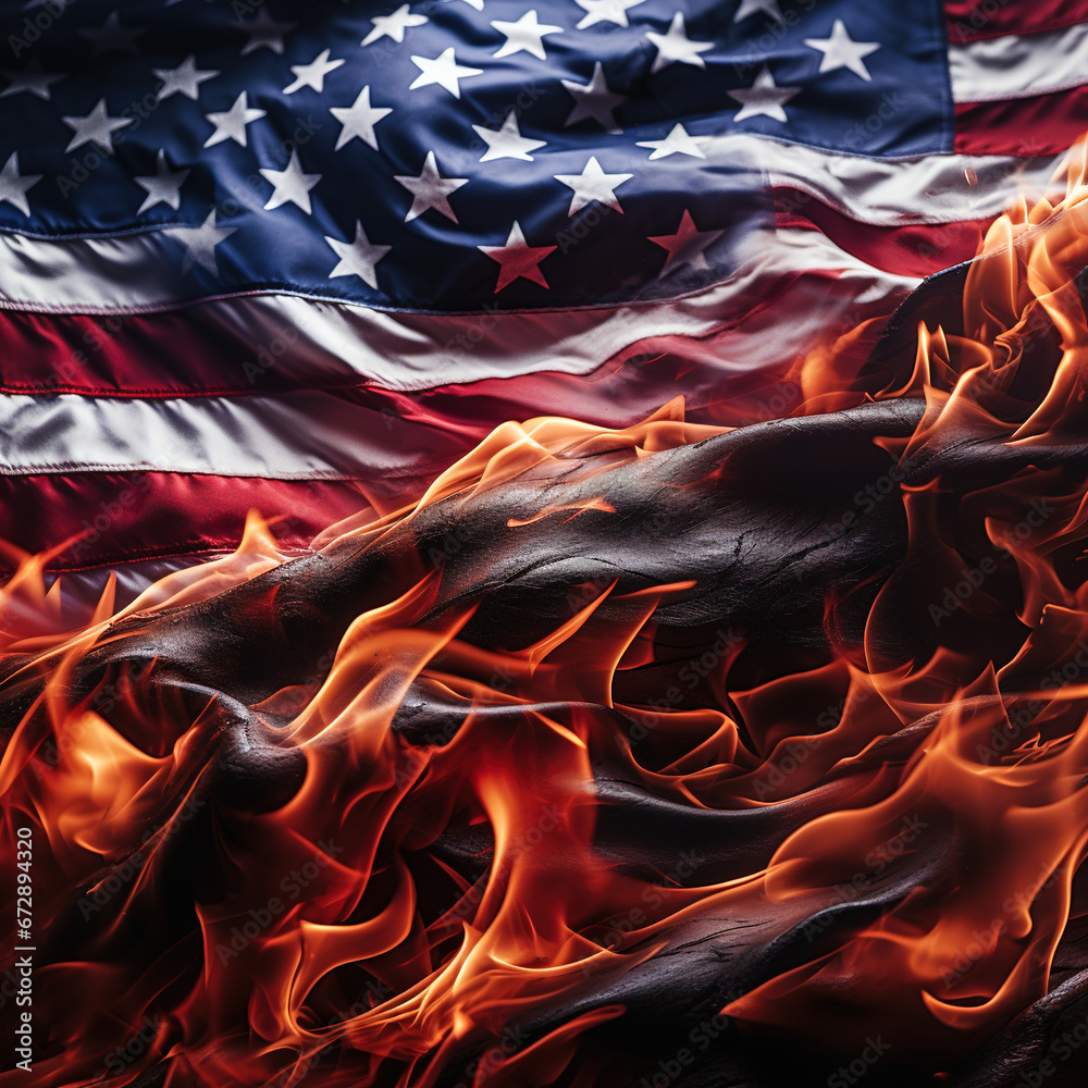 USA flag burning close up symbole of America and danger wavig in the ...