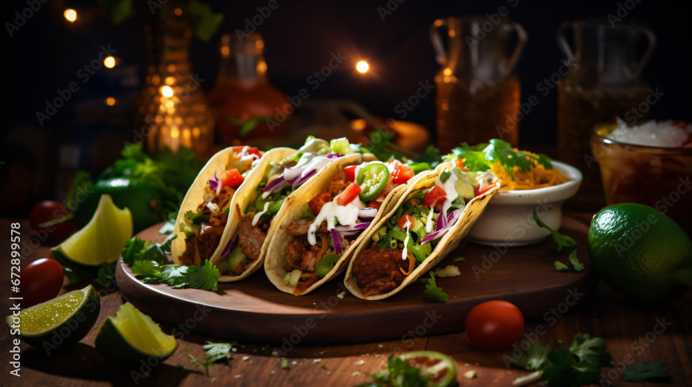 tacos on a wood plate, soda, condiemnts, on a table, blurred background ...