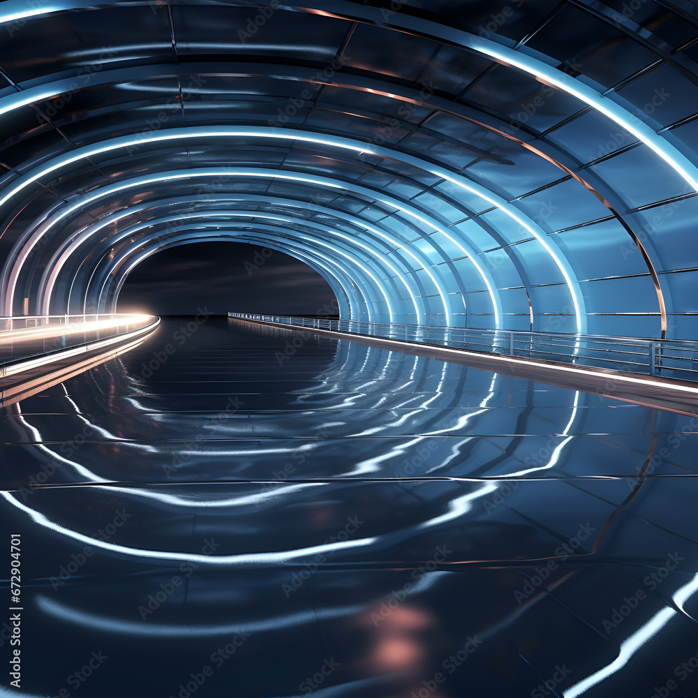 3D Rendering of curved tunnel with led glowing lights on ceiling and ...