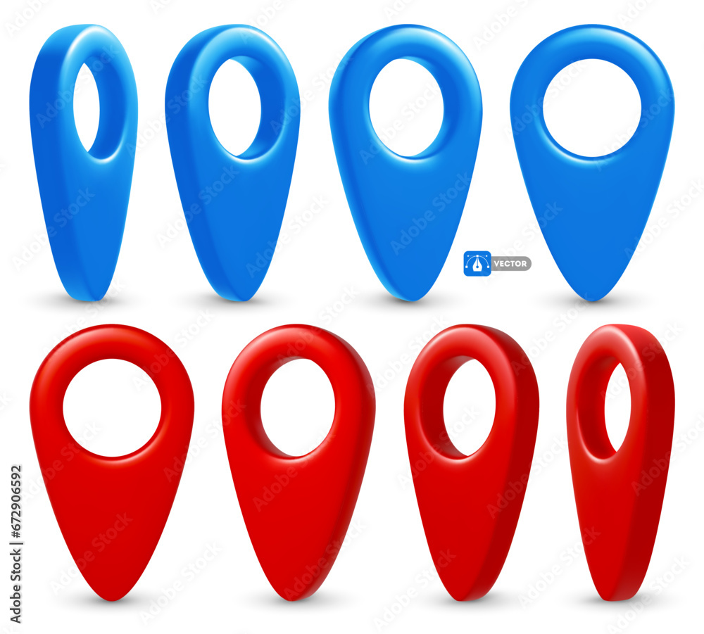 3d realistic vector location pins for mark map points. Red and blue geolocation markers for ...