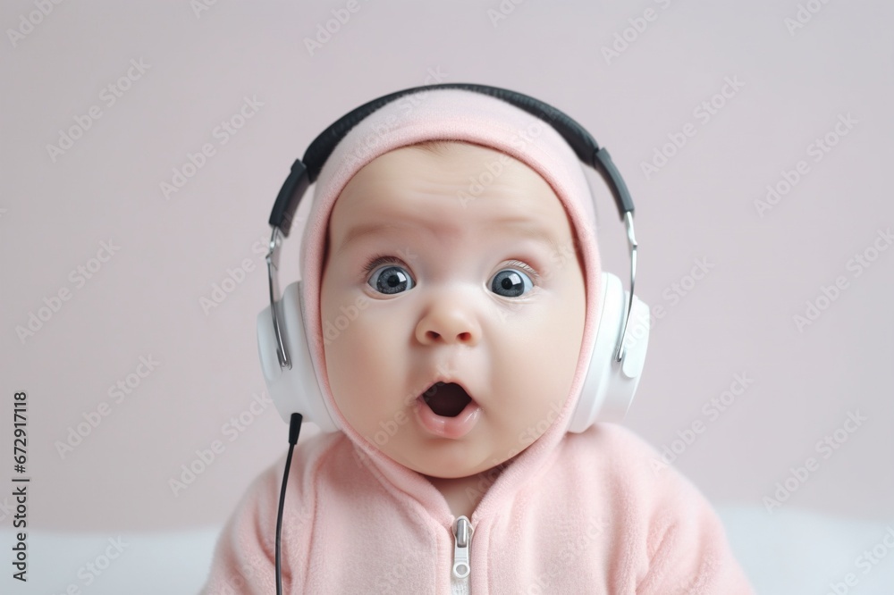 cheerful surprised baby 6 months old wearing headphones to listen to ...