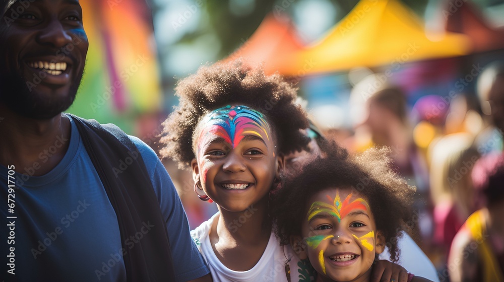 a family at a vibrant community festival. Dad is smiling. boy's eyes ...