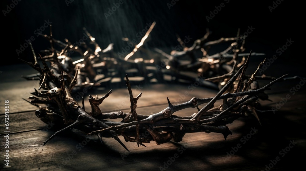 AI generated illustration of a crown of thorns on a rustic wooden ...