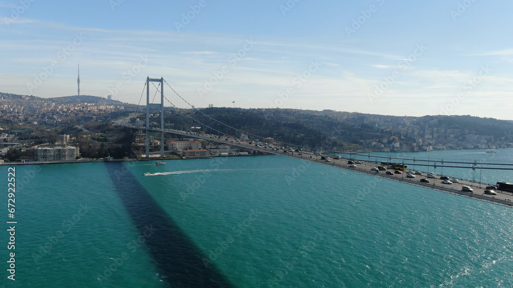 Istanbul Bosphorus Bridge, 15 July Martyrs Bridge from Sky Aerial view ...