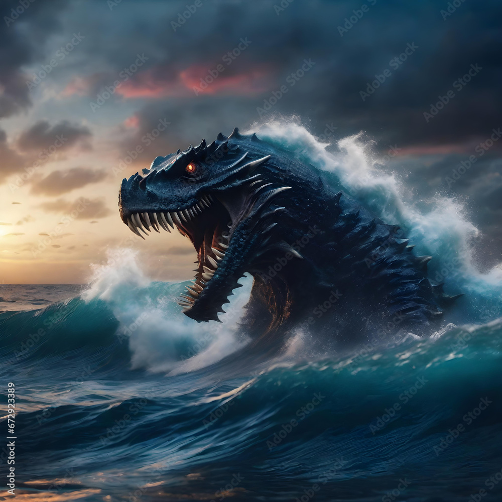 a giant dangerous roaring sea monster coming out of the water ...
