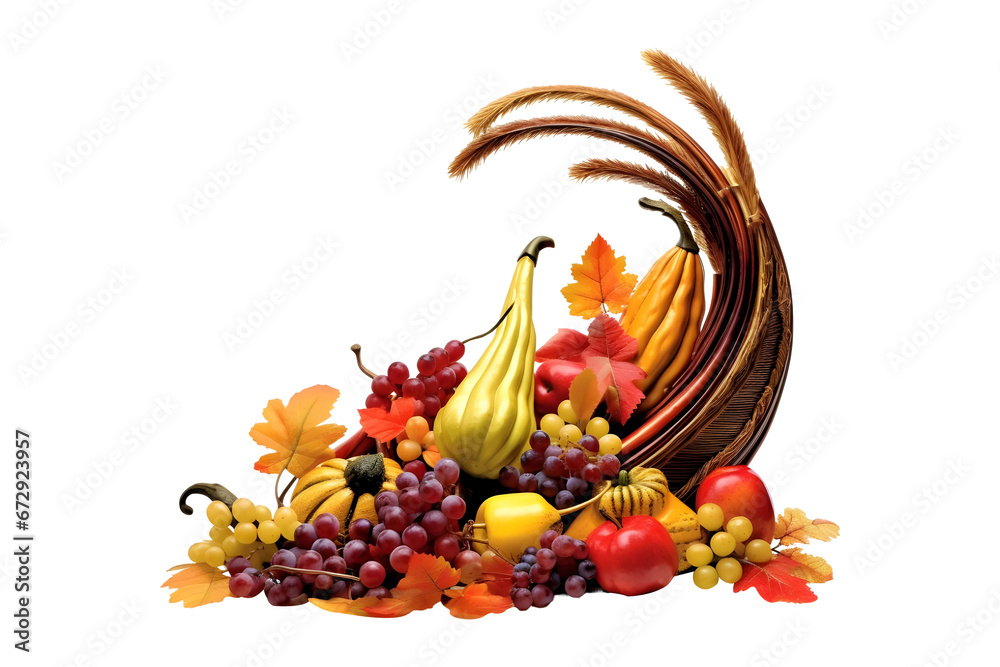 Cornucopia fruits, vegetables and leaves isolated on a transparent and ...