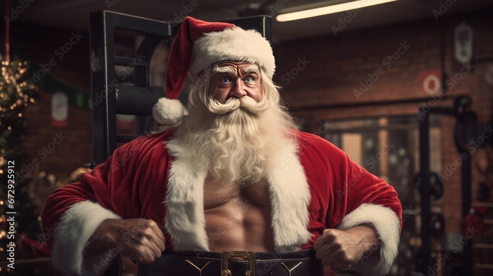 Close-up portrait of Santa Claus. Muscular bodybuilder in Santa suit ...