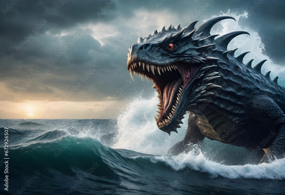 a giant dangerous roaring sea monster coming out of the water ...