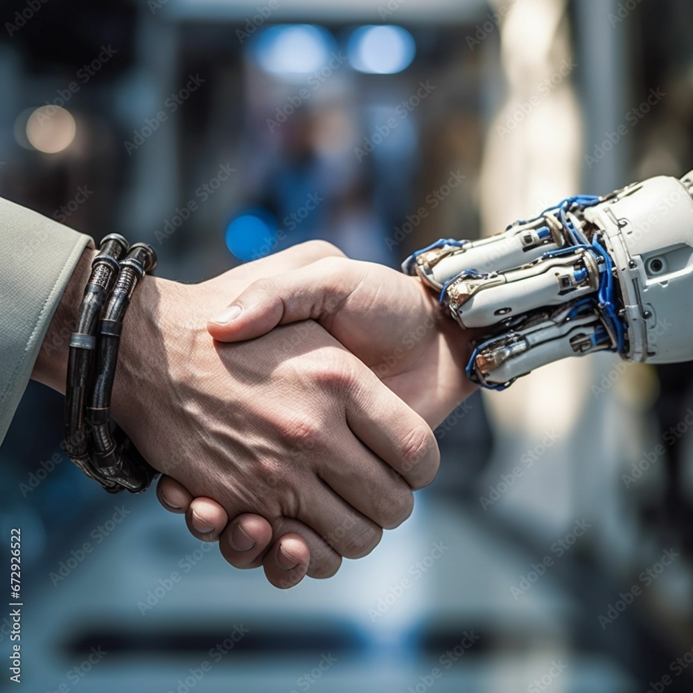 Businessperson and a humanoid robot shaking hands in a formal greeting ...