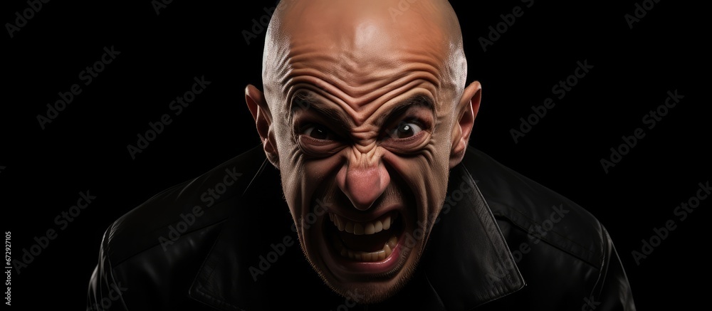 An actor with a fierce appearance is making distorted facial ...