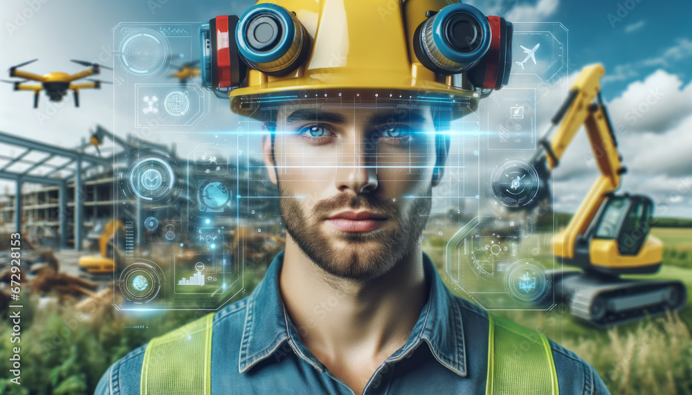 Construction worker with advanced wearable tech helmet with holographic ...