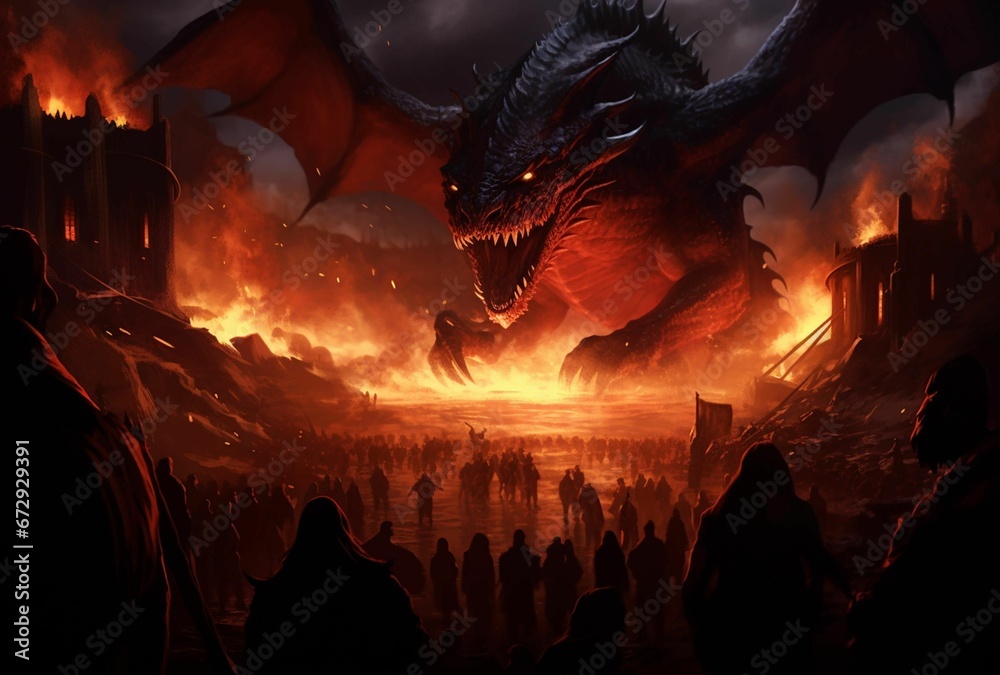 AI generated illustration of a dragon flying above a scared crowd of ...