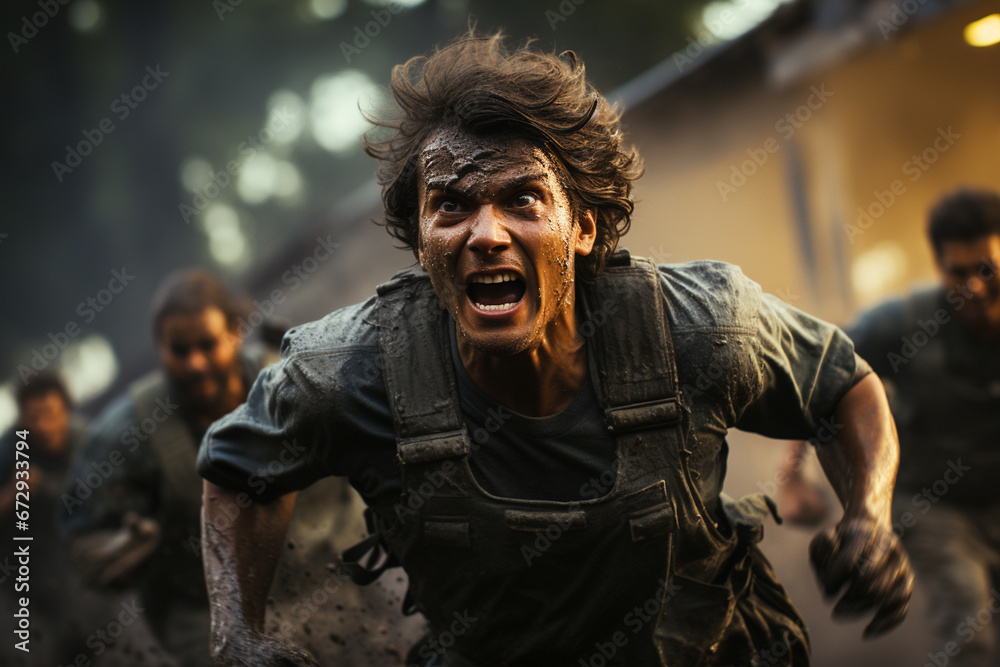 War Concept. Scared people running from fighting on war fire background ...