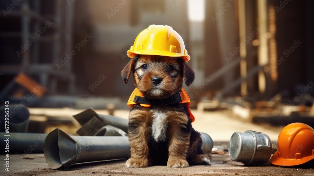 A puppy dressed as a builder at a construction site with safety helmet ...